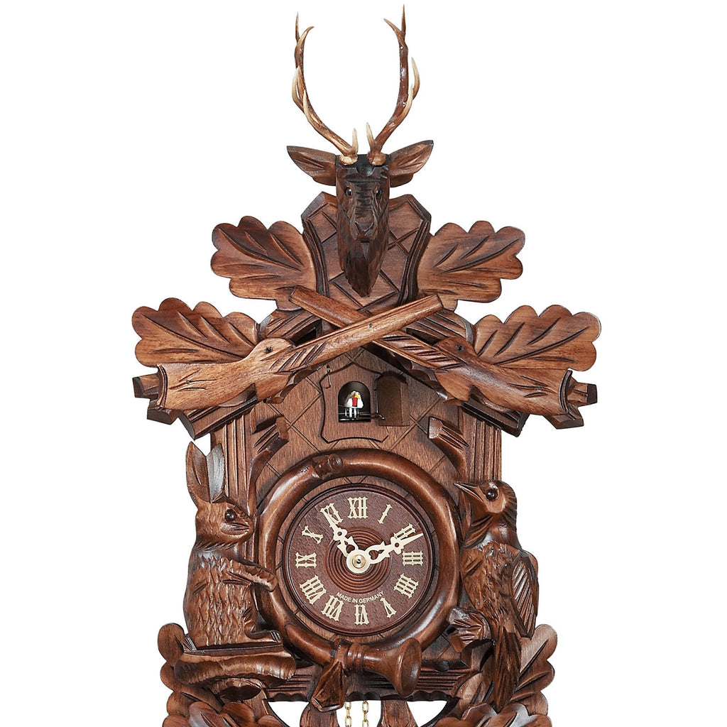 Carved battery-powered 'Hunting-style' cuckoo clock with deer head, ri ...