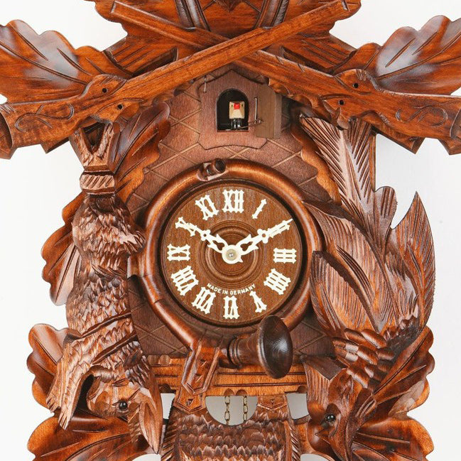 Carved 1-day hunting-style cuckoo clock with stag head, hanging hare a ...