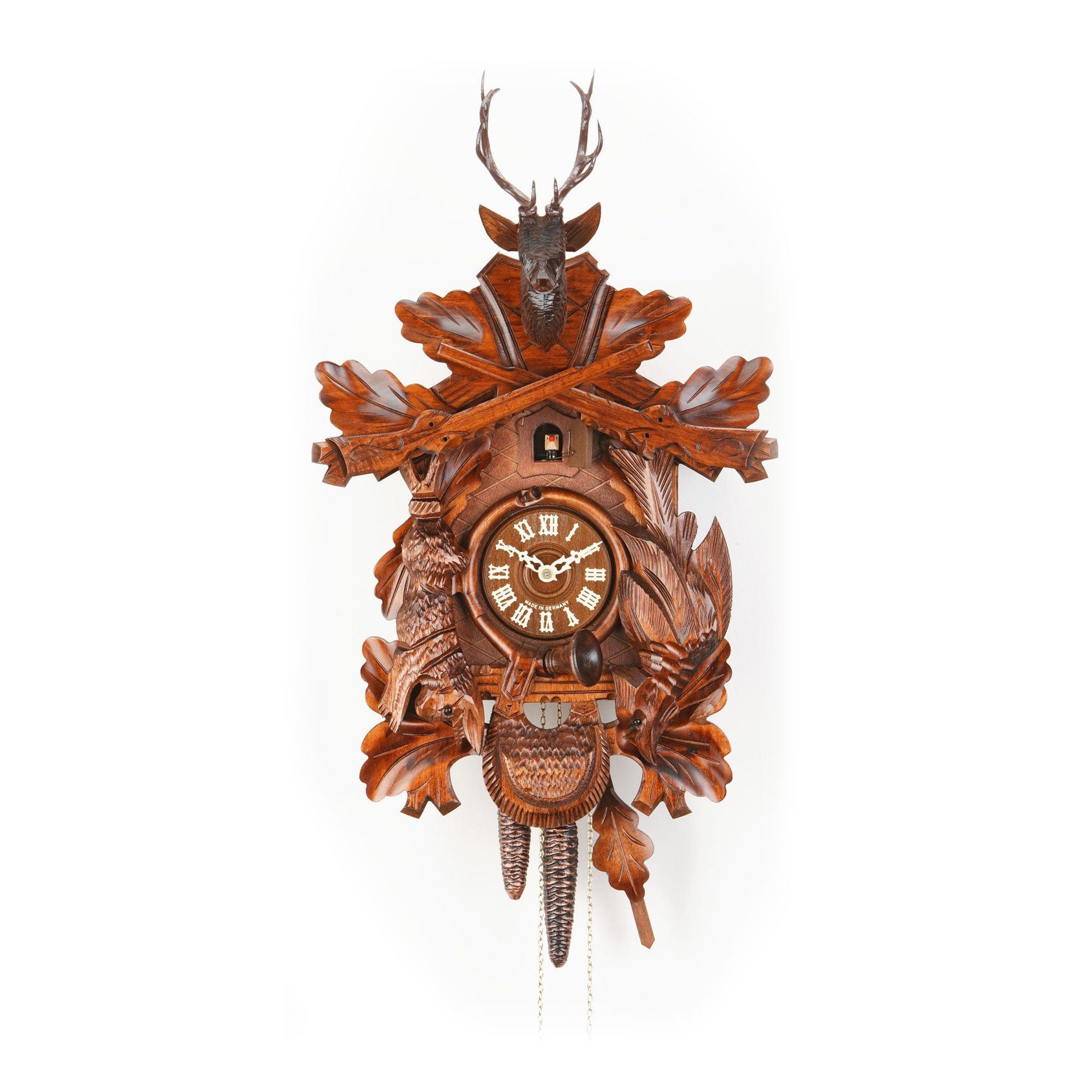 Carved 1-day hunting-style cuckoo clock with stag head, hanging hare a ...