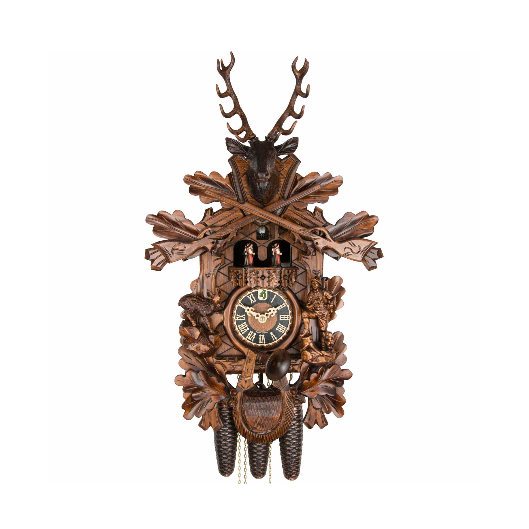 Carved 8-day hunting style musical cuckoo clock stag head, ibex, hunte ...