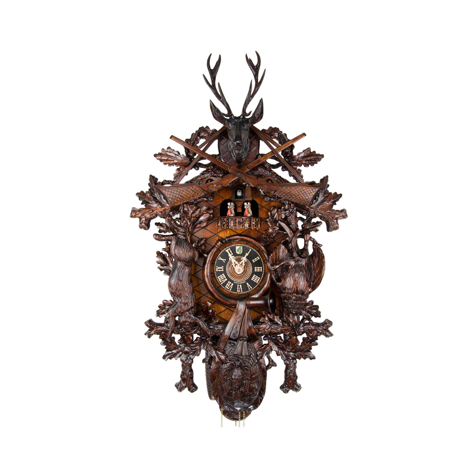 Carved 8-day hunting style musical cuckoo clock with large stag head ...