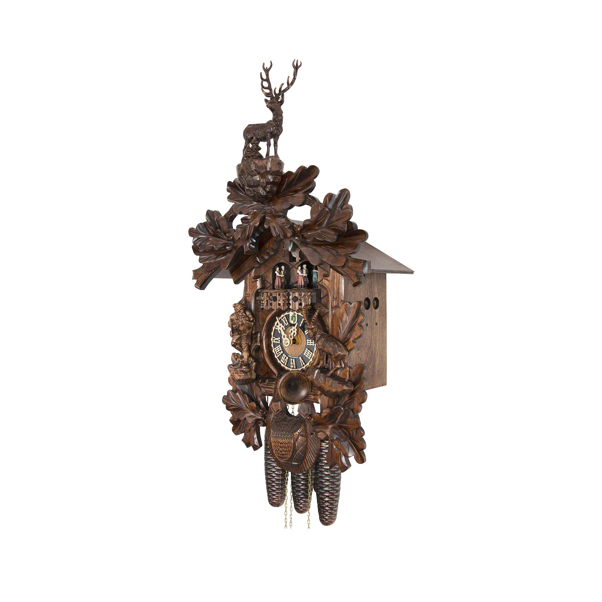 Carved 8-day hunting style musical cuckoo clock with large stag, ibex ...