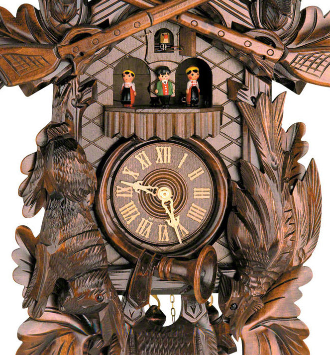 Carved 8-day hunting-style musical cuckoo clock with large stag, mount ...