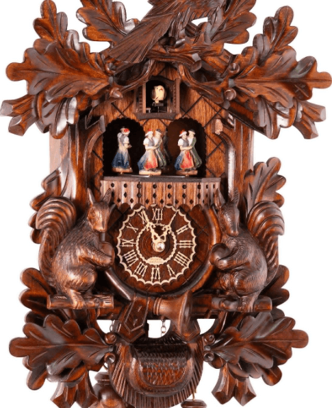 Carved battery-powered musical cuckoo clock with dancers, bird and squ ...