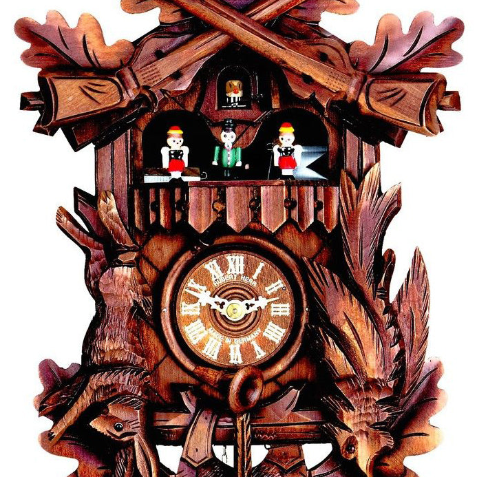 Carved Hunting-style 1-day musical cuckoo clock with dancers, stag hea ...