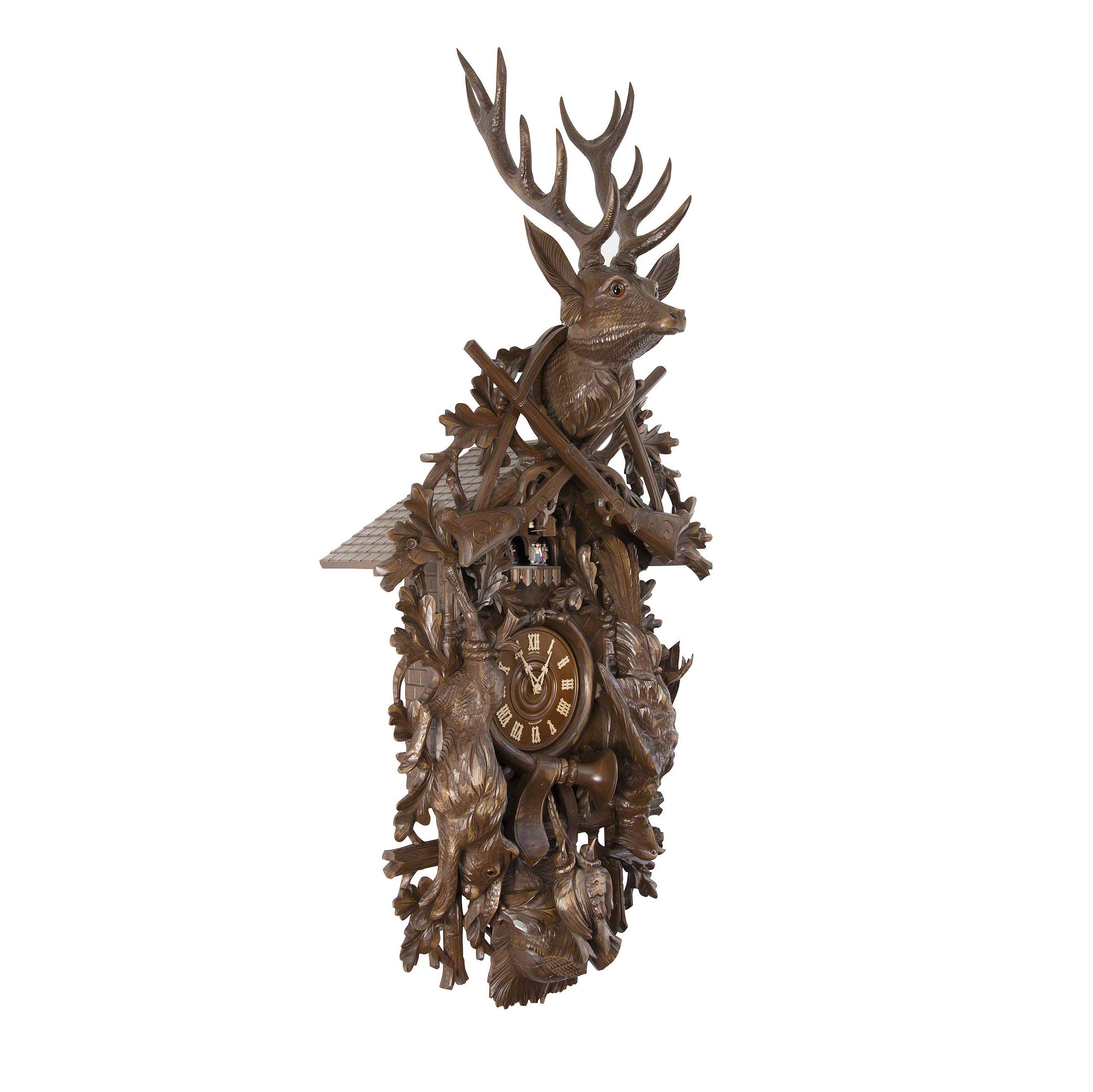 Carved hunting-style 8-day musical cuckoo clock with mounted stag head ...