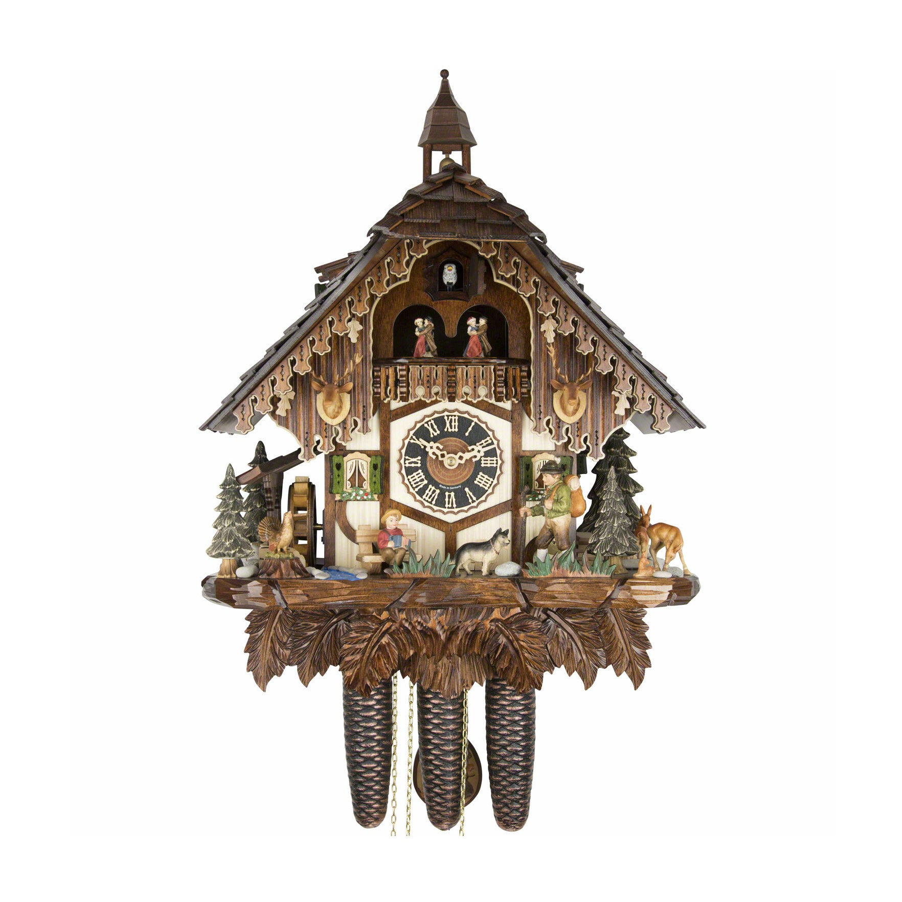Chalet 8-day Black Forest house cuckoo clock with moving hiker, mill-w ...