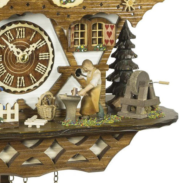 Chalet style quartz cuckoo clock with moving blacksmith & mill wheel w ...